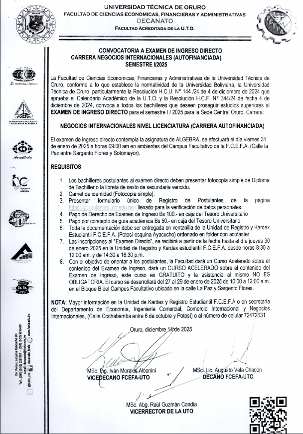 FCEFA - CONVOCATORIA EXAMEN DE INGRESO DIRECTO GESTION I/2025 CARRERA ...
