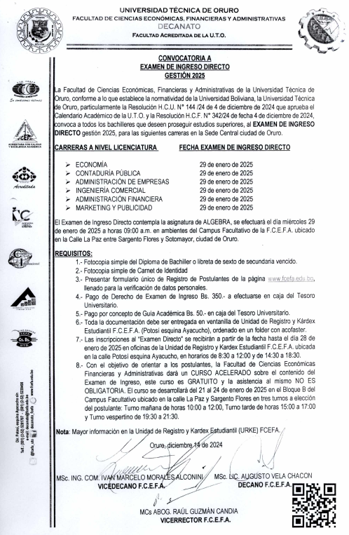 FCEFA - CONVOCATORIA EXAMEN DE INGRESO DIRECTO SEDE ORURO FCEFA GESTION ...